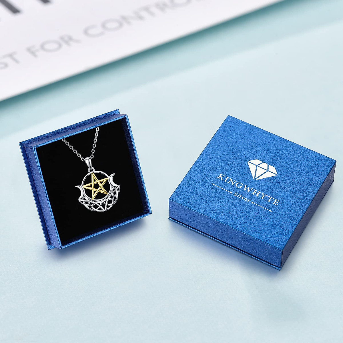 KINGWHYTE Triple Moon Goddess Necklace S925 Sterling Silver Pentagram Pentacle Pendant Celtic Necklace Magic Amulet Jewelry Gifts for Women