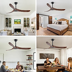 DefinElegant Walnut Wood 52" Ceiling Fan, 6-Speed, Reversible 3 Blades, Timed Shutdown, Silent DC Motor, for Bedroom, Porch