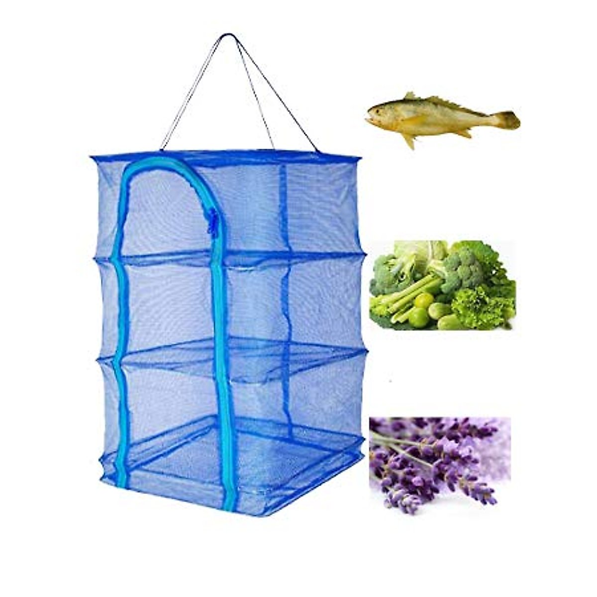 MAHDETP 2.2ft 3 Layer Non-Toxic Nylon Netting Foldable Drying Rack for Fish Vegetables Fruit Herb Practical Hanging Net Dry Cage（15.7 x15.7 x25.6inch）