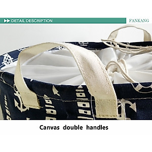 FANKANG Storage Basket, Nursery Hamper Canvas Laundry Basket Foldable with Waterproof PE Coating Large Storage Baskets for Kids Boys and Girls, Office, Bedroom, Clothes,Toys（navy anchor）