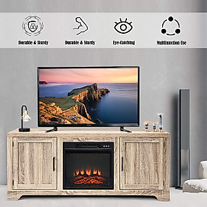 Tangkula 65" TV Stand, Storage Cabinet Console, Television Console, Media Component TV Stand with Adjustable Shelves. Suitable for 18" x 17" Fireplace (not Included) (Grey)