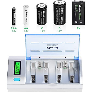 BONAI LCD Universal Battery Charger - Discharge Function - for Ni-MH Ni-CD AA, AAA, C, D, 9V Rechargeable Batteries with Rechargeable AA Batteries 2800mAh 1.2V Low Self Discharge (Pack of 8)