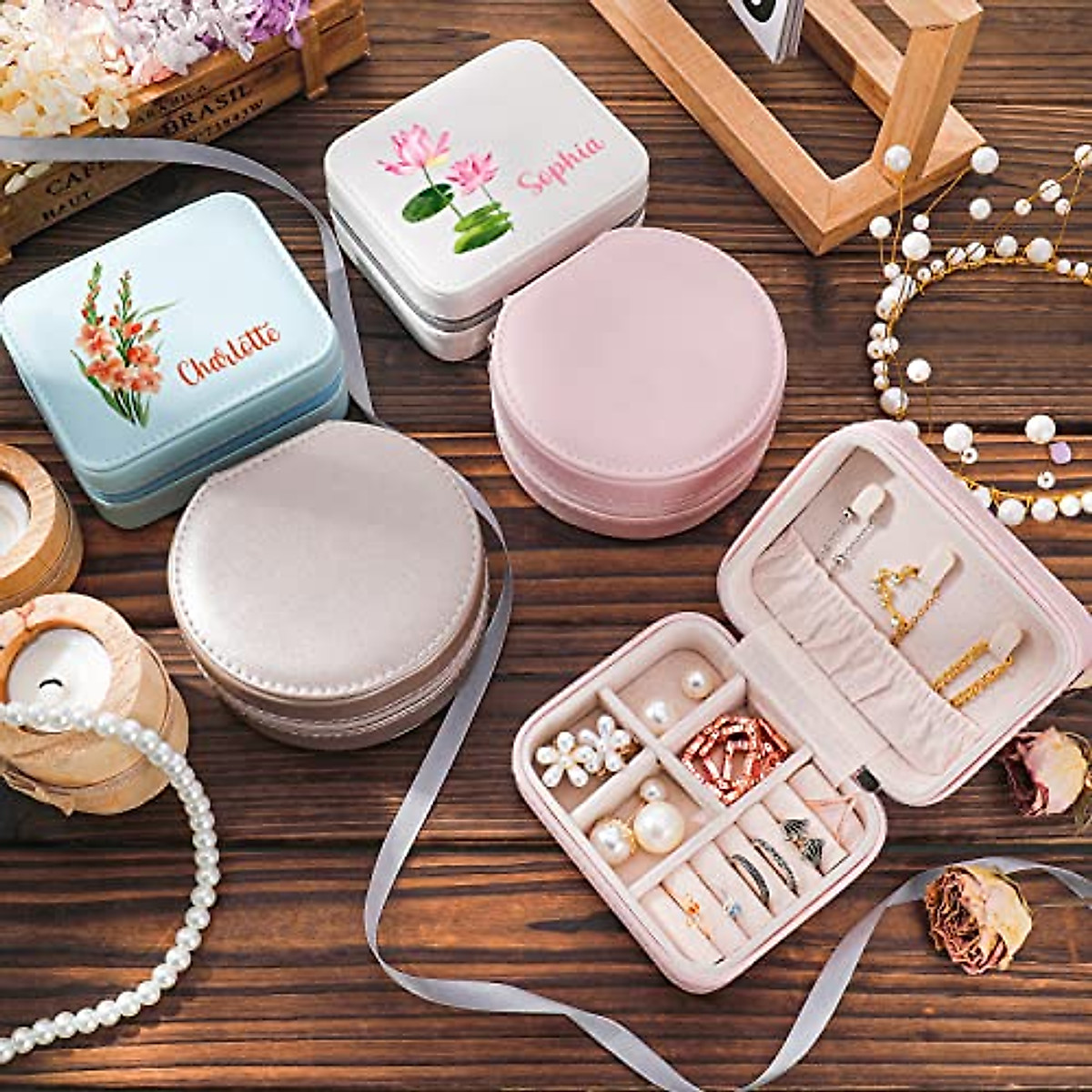 SWIMFUN Bridesmaid Proposal Gifts Custom Leather Jewelry Box, Colorful Birth Flower Travel Jewelry Case Ring Box, Wedding Bachelorette Mom Gifts for Women Girls