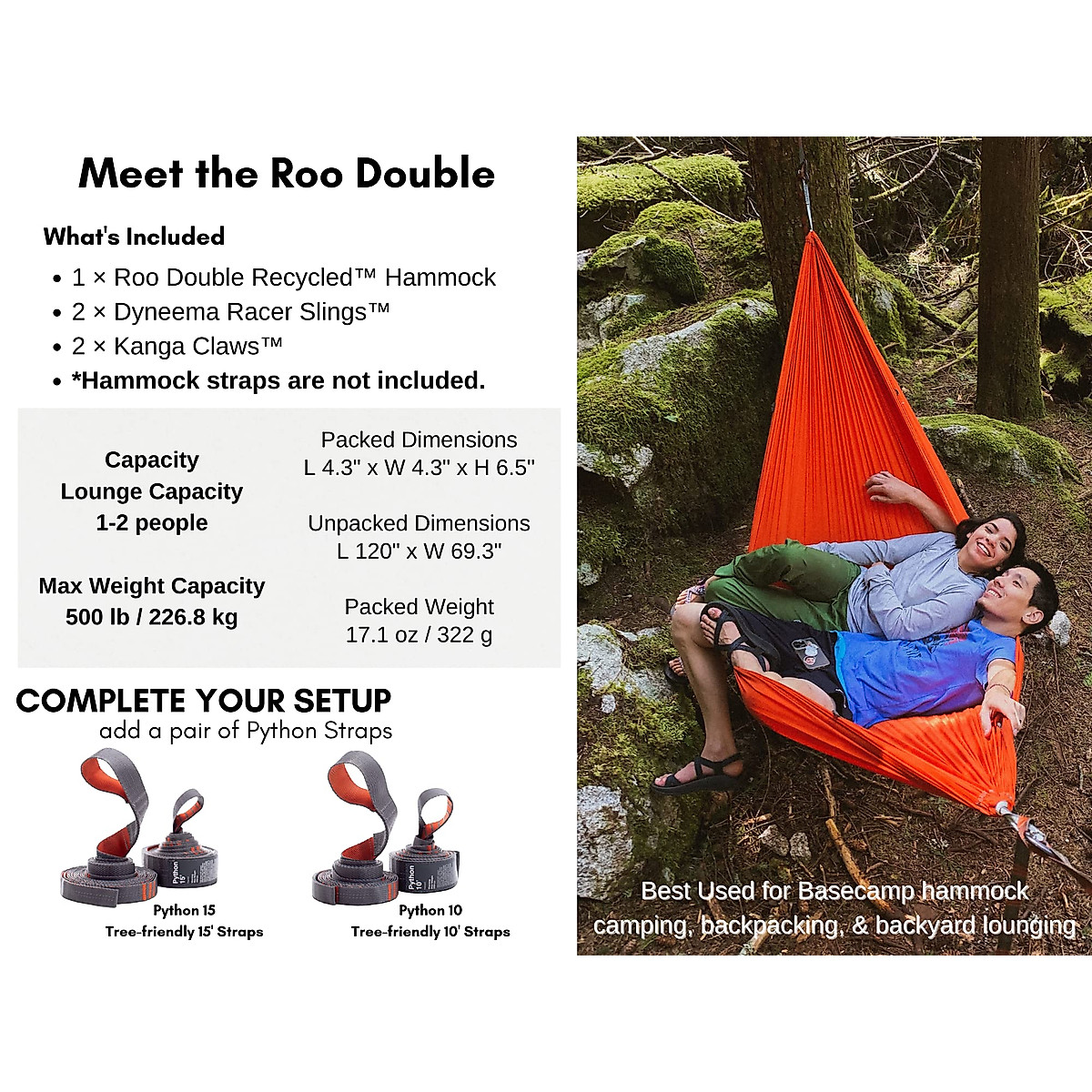 KAMMOK: Roo Double Hammock | Made from Strong & 100% Recycled Water Resistant Ripstop Fabric | Comfortable, Packable, Lightweight (Lifetime Adventure Grade Warranty), Midnight Blue