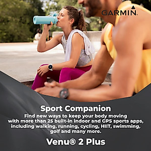 Wearable4U Garmin Venu 2 Plus GPS Multisport Smartwatch, 33 mm with AMOLED Display, Call and Text, Music, Adv HM+FF, Slate Bezel with Black Case Black Earbuds Bundle