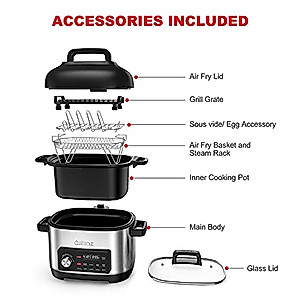 Galanz 8-in-1 Multi Cooker with Air Fry, Sous Vide, Rice, Sauté, Slow Cook, Steam, Roast, & Grill - Removable 8 QT Cooking Bowl, 8 Pre-Set Programs, Stainless Steel