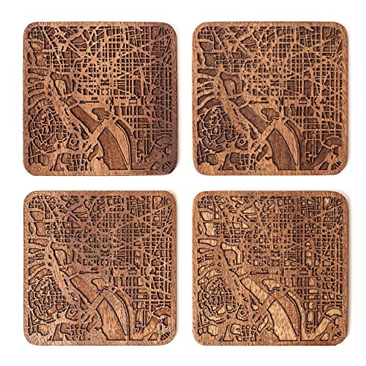 Washington D.C. Map Coaster by O3 Design Studio, Set of 4, Sapele Wooden Coaster with City Map, Handmade