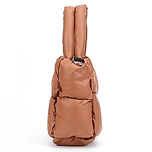 AZURAOKEY Puffer Tote Bag, Check Cotton-Padded Bag Autumn Winter Lady Soft Puffer Shoulder Bag Warm for Work (Brown)