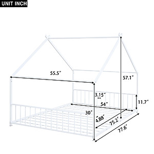 Kids Montessori Floor Bed Frame, Full Size House Bed Frame with Headband and Slats, Heavy Duty Metal Montessori Bed for Kids, Girls, Boys, White Floor Bed Full Size