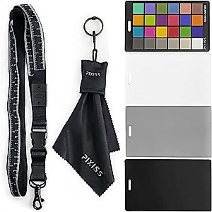 Camera Color Correction White Balance Card, 4In1 Color Correction Card Set by Pixiss, 18% Gray, Black, All in Glossy and Matte, Premium Exposure Card Set with Free Camera Lens Micro Fiber Cloth