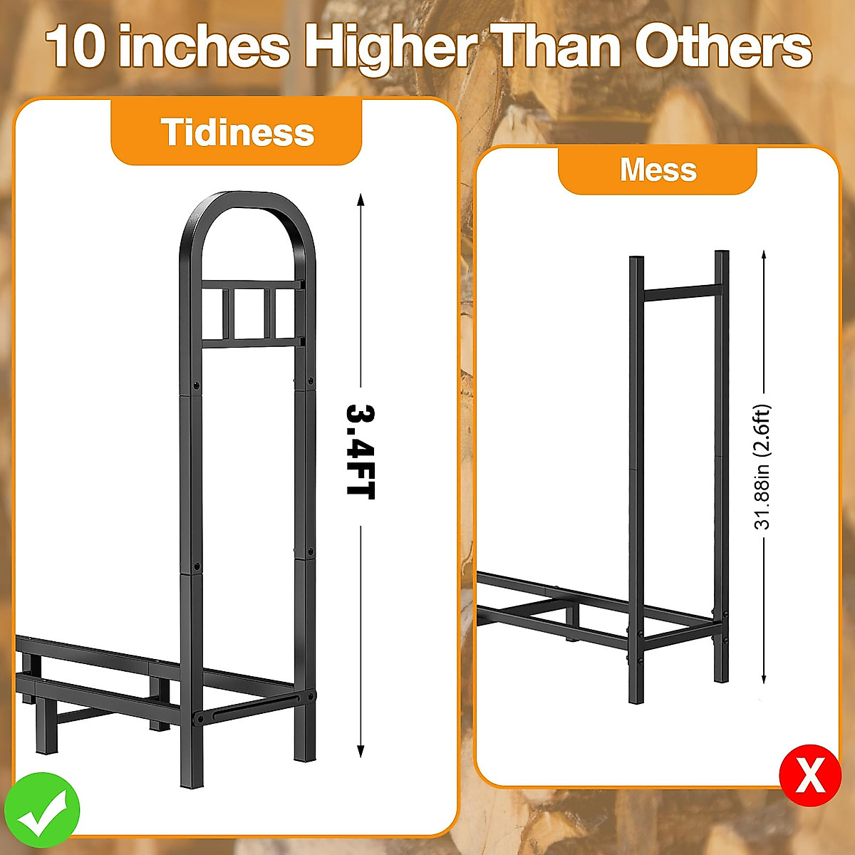 GREENER 8FT Firewood Rack Outdoor Heavy Duty Wood Rack for Firewood Indoor Log Holder for Fireplace, Fire Wood Holder Metal Lumber Storage Carrier Firewood Log Rack Stand Stacker for Patio Porch Black