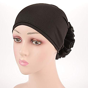 Muslim Women Flower Elastic Turban Beanie Head Scarf wrap Chemo Cap hat for Cancer Patient (Black)