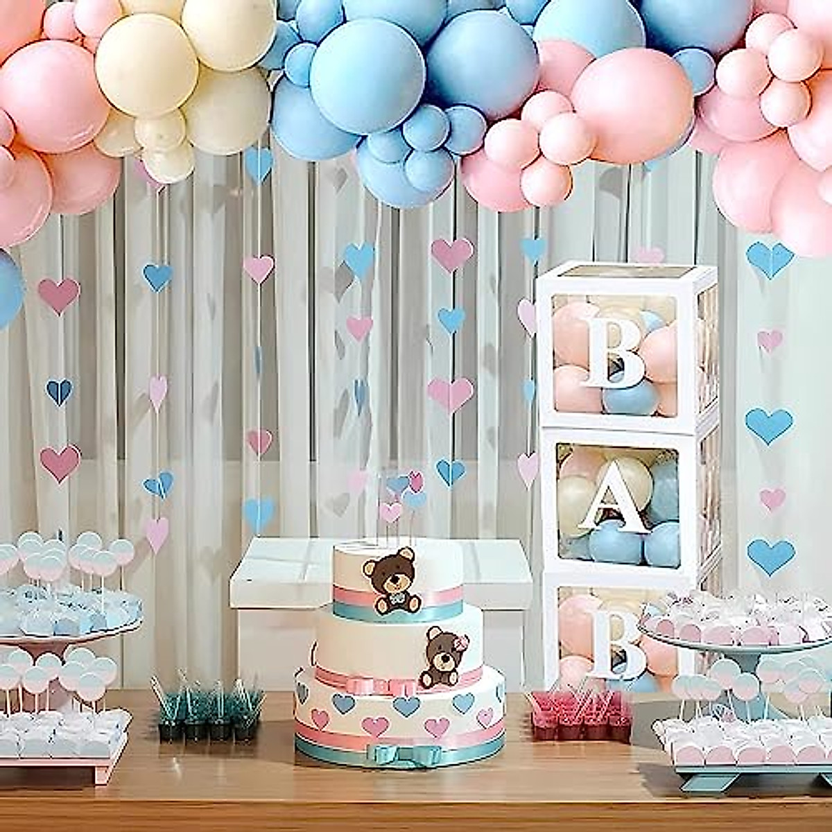 Uptotop 4 Pcs Baby Boxes with 30 Letters and 36 Balloons and 4 fairy string lights, for Baby Shower Gender Reveal Girl Boy Blocks Birthday Party Balloon Box Decorations(A-Z + BABY) 