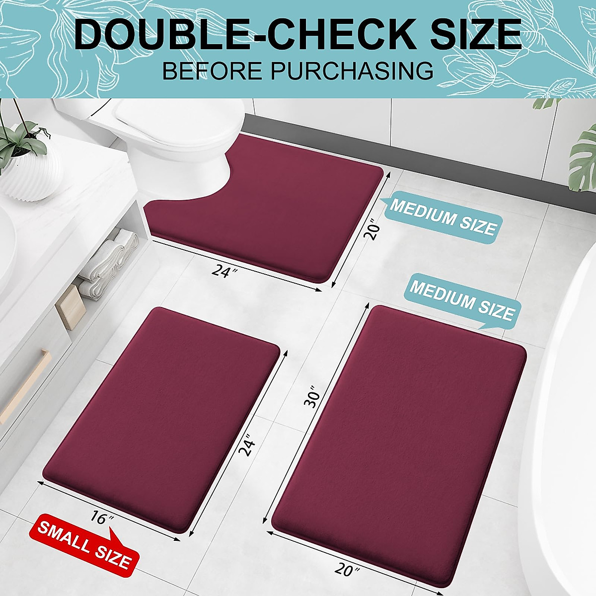 Smiry Memory Foam Bath Mat 24x16, Extra Soft and Absorbent Bathroom Mats, Non Slip Washable Carpet for Floor, Shower and Tub, Burgundy
