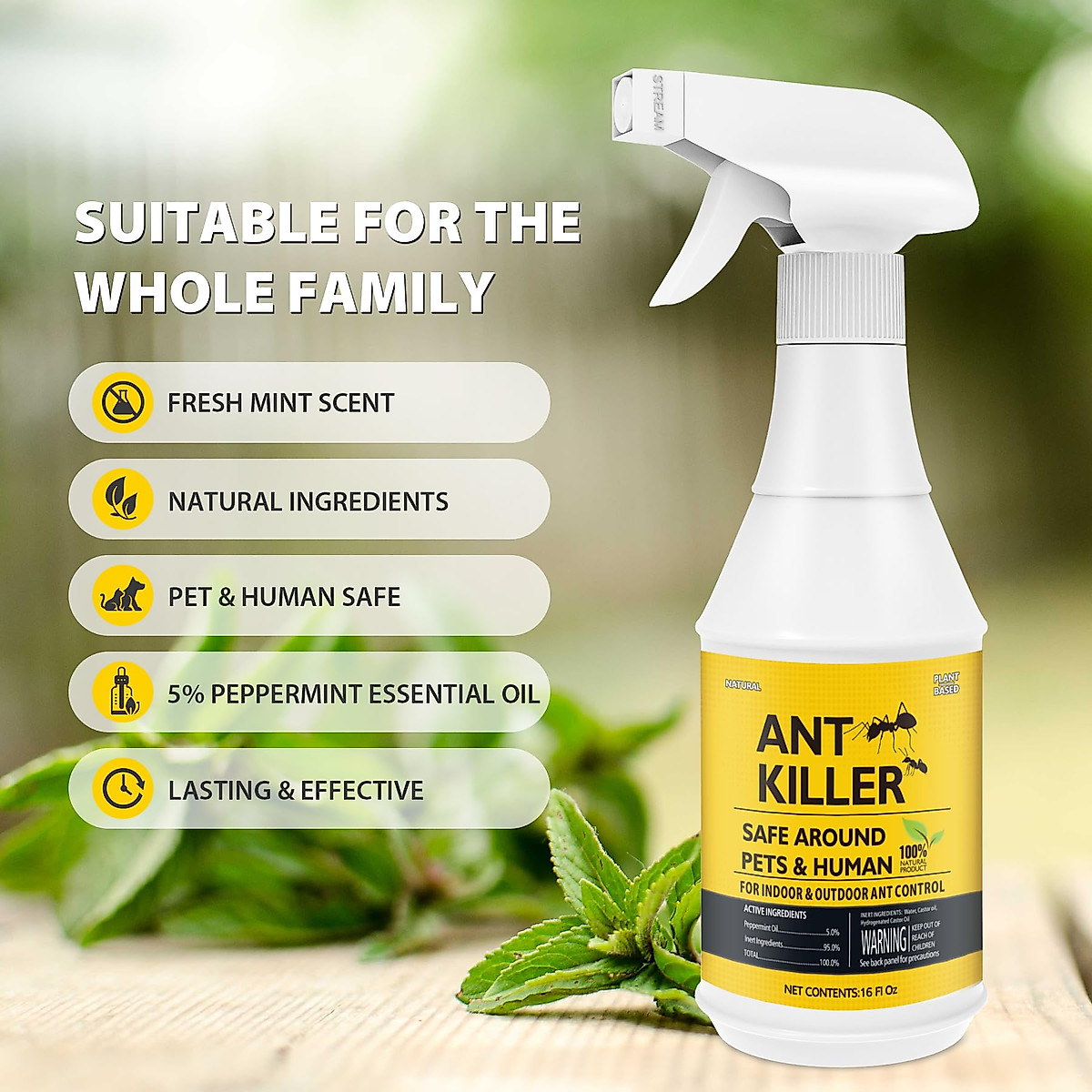 BugBai Peppermint Oil Ant Killer & Repellent Spray Outdoor, 16OZ Natural Ant Spray Indoor Home Kitchen Safe for Pets and Kids, Powerful Carpenter Ant Killer to Kill & Get Rid of Ants Permanently