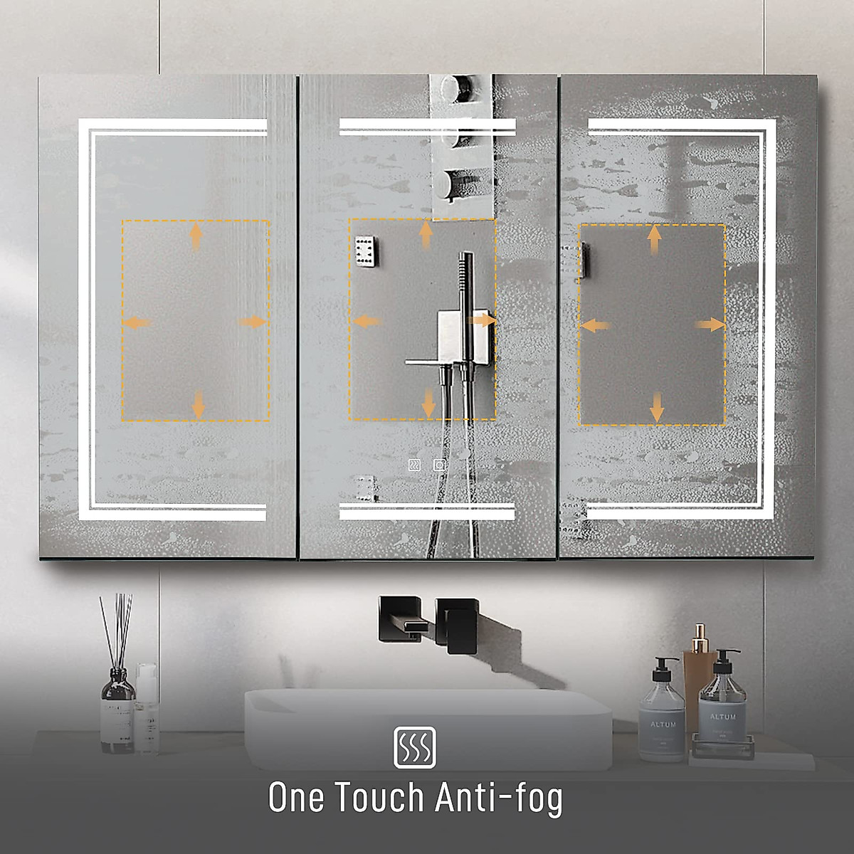 Karl home 48x28 Inch 3-Doors Bathroom Medicine Cabinet with LED Mirror, 3-Color Wall Mounted Dimmable Bathroom Cabinet with 3-Tier Storage Shelves, Anti-Fog, USB Charge, White