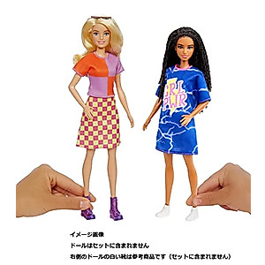 Barbie Fashions 2-Pack Clothing Set, 2 Outfits for Barbie Doll Includes Color-blocked Shirt with Checkered Skirt, a “GRL PWR” Blue Sweatshirt Dress & 2 Accessories, Gift for Kids 3 to 8 Years Old