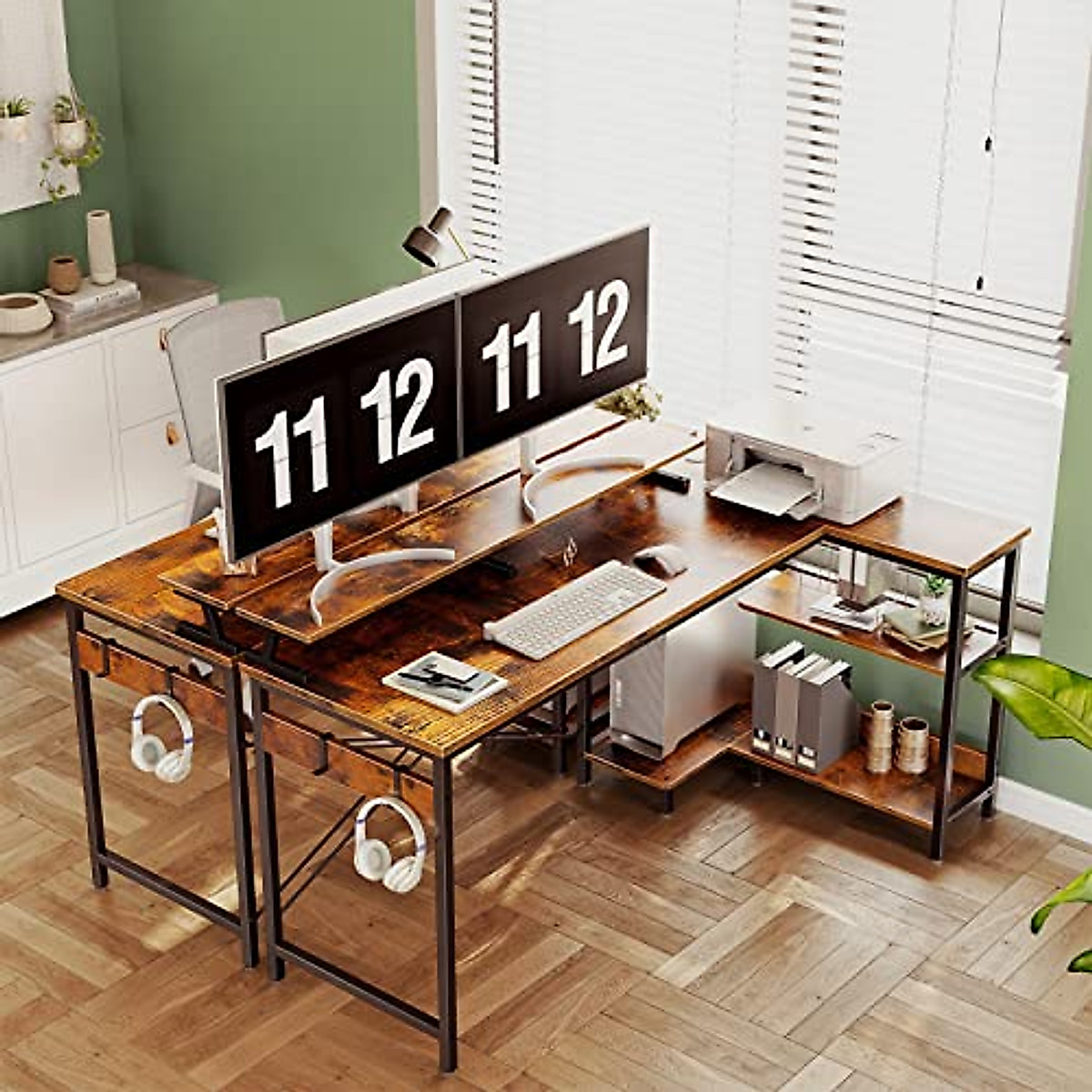 ODK Small L Shaped Desk, 58 inch Corner Desk with Reversible Storage Shelves, Computer Desk with Monitor Shelf and PC Stand for Home Office, Gaming Desk with Headphone Hooks, Rustic Brown