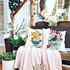 CARRIE HOME Spring Outdoor Pillow Covers 18x18 Set of 4 Farmhouse Decorative Spring Bird and Flower Throw Pillow Covers for Patio Furniture and Couch