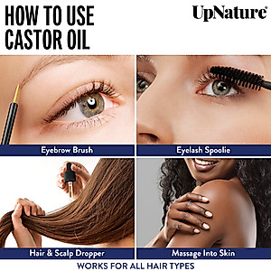 UpNature Castor Oil 4oz- 100% Pure for Hair, Eyelashes & Eyebrows- Cold Pressed, Hexane Free, Made in USA- Stimulate Hair Growth Moisturize Skin/ Scalp-12pc Treatment Kit w Spoolies Dropper