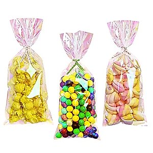 Yotelab Easter Cellophane Treat Bags, 4x9 Inches Iridescent Holographic Cellophane Goodie Bags, Party Favors Bags with Twist Ties,100Pieces
