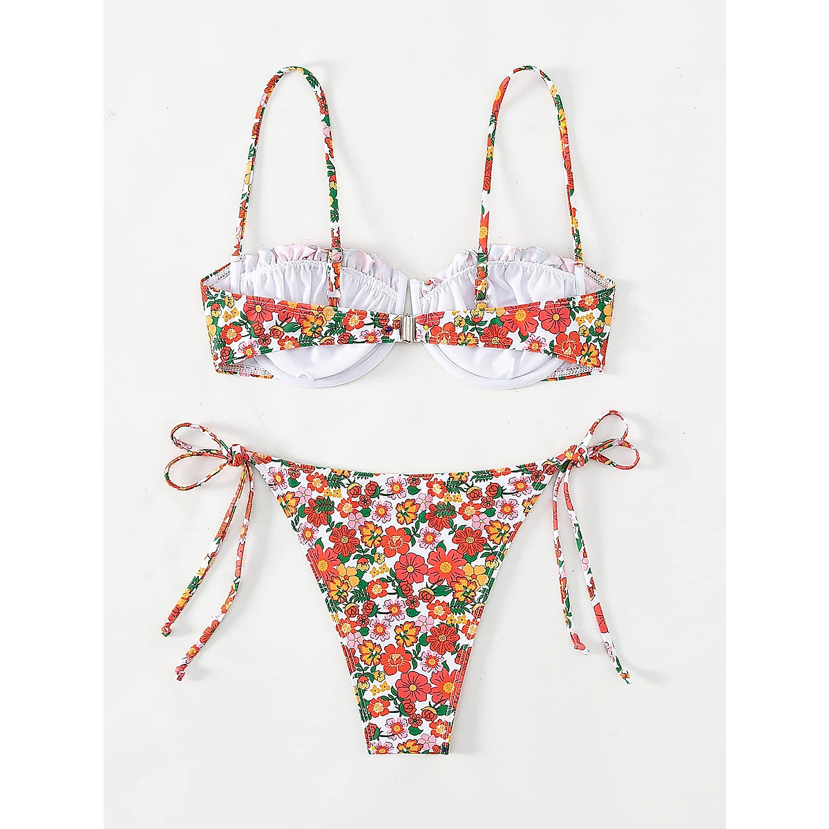 WDIRARA Women's Floral Print Underwired Tie Side 2 Piece Bikini Set Cute Swimsuit Red & Green Multi L