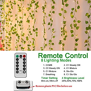 Opvande Lightd 12 Pcs Fake Ivy Vines Curtain String Light 240 LED, 8 Mode & Timer Green Hanging Fake Plant for Bedroom Wall Hanging Garden Home Room Jungle Party Indoor Outdoor