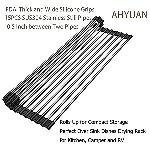 Ahyuan Roll up Dish Drying Rack Over The Sink Kitchen Roll up Sink Drying Rack Portable Dish Rack Dish Drainer Foldable SUS304 Stainless Steel Dish Drying Rack (17.7''x11.2'')