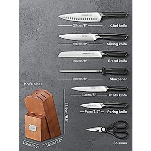 Knipan Knife Set, 8-Piece Premium Knife Block Set with High Carbon German Steel, 5 Knives, Sharpening Steel, Multi-Purpose Scissors, Block of Wood, Ergonomic ABS Handle