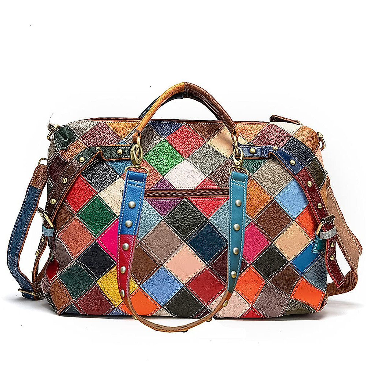 RainboSee Women Random Multicolor Handbag Genuine Leather Cube Splicing Shoulder Satchels