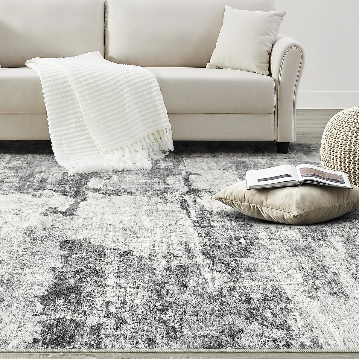 DMOYEST Living Room Area Rugs - 9x12 Abstract Large Soft Indoor Washable Rug Neutral Modern Low Pile Carpet for Bedroom Dining Room Farmhouse Home Office - Grey