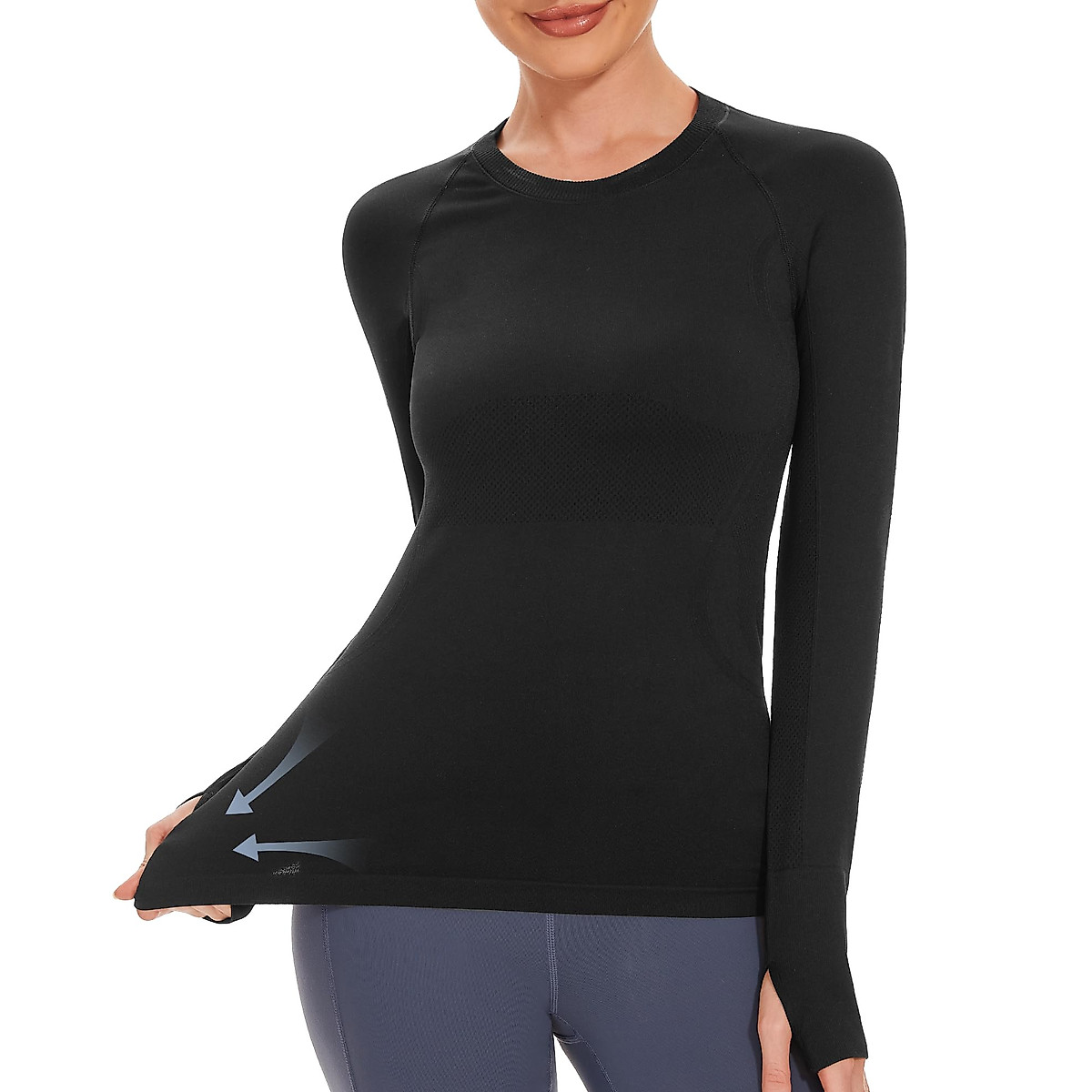 Stelle Women Workout Shirts Seamless Long Sleeve Yoga Tops with Thumb Holes for Sports Running Breathable Athletic Slim Fit (Black,M)