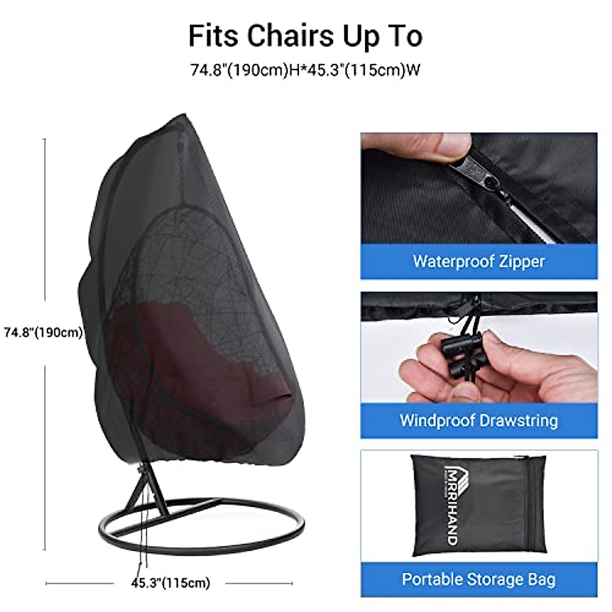 Mrrihand Patio Swing Chair Cover, Waterproof Egg Chair Covers for Outdoor Furniture, Outdoor Windproof Swing Egg Chair Covers with Zipper & Drawstring (74.8”H X 45.3”W, Black)