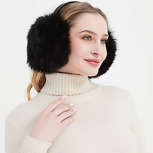 Bibury Real Fox Fur Earmuffs with Leather Band, Winter Ear Muffs, Cold Weather Head Warmer (Black)