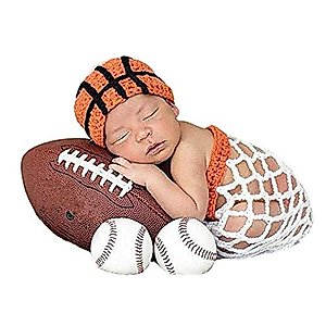 Newborn Infant Photography Props Basketball Crochet Costume Orange Hat+White Basket Photo Shoot Props
