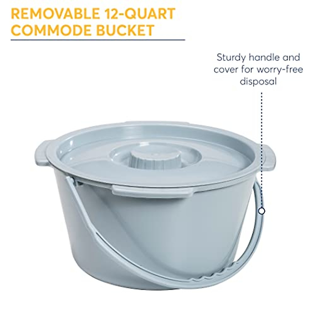 Drive Medical 11148-1 Folding Steel Bedside Commode Chair, Portable Toilet, Supports Bariatric Individuals Weighing Up To 350 Lbs, with 7.5 Qt. Bucket and 13.5 Inch Seat, Grey