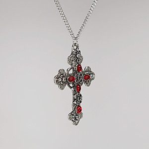 Gothic Filigree Cross with Red Stones Medieval Renaissance Pewter Pendant Necklace