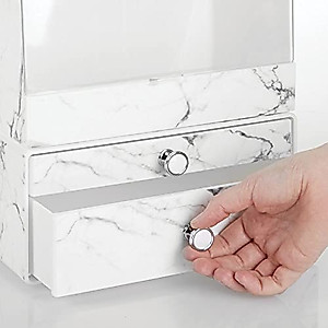 mDesign Decorative Stackable Plastic Makeup Organizers for Bathroom Vanity, Countertop, Cabinet - Easy-Access Cosmetic Storage, 2 Drawer Unit and Tall Bin Box with Lid - Set of 2 - Marble