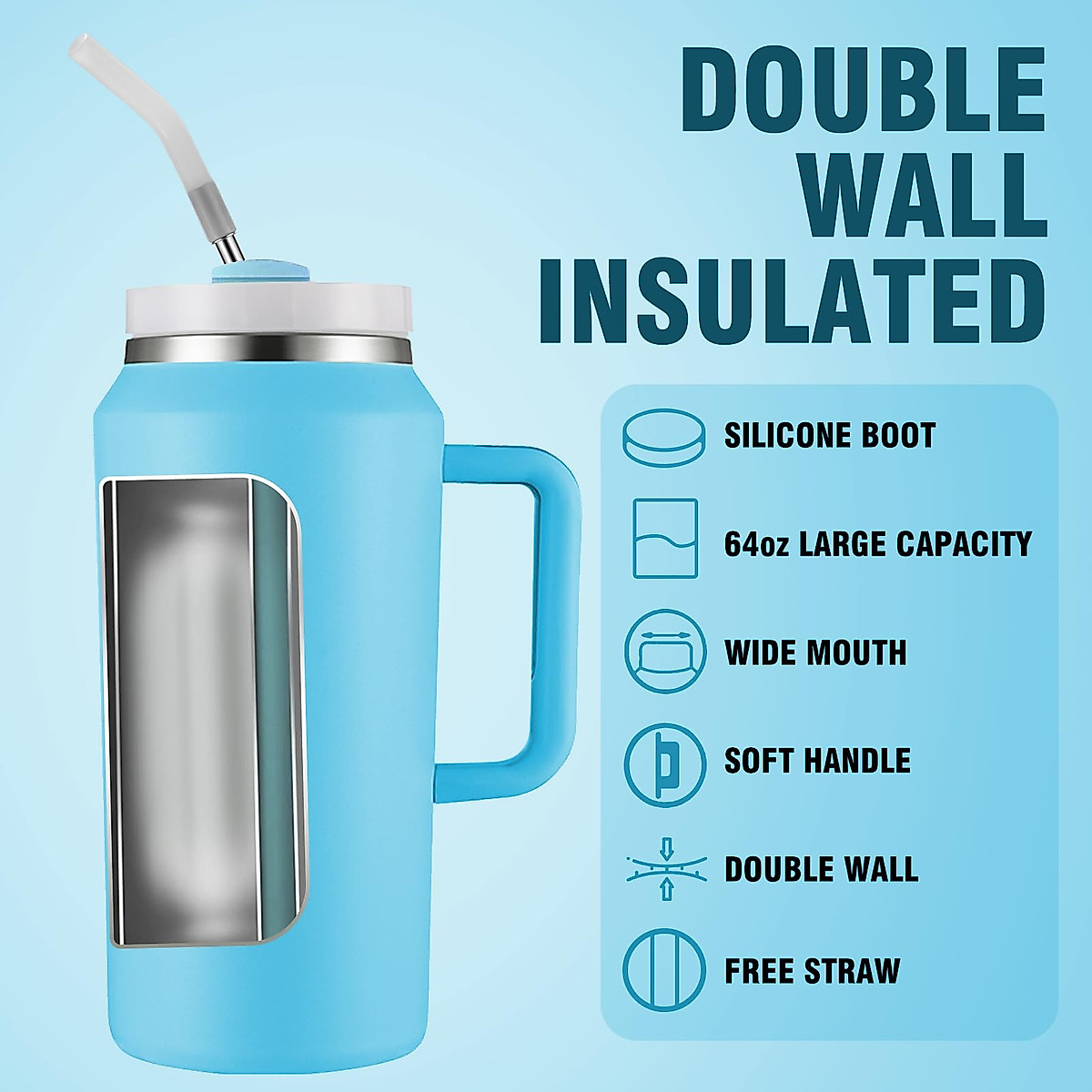 PlanetFlame 64oz Insulated Tumbler with Handle, Stainless Steel Double Wall Vacuumn Water Bottle, Lid and Straw for School, Gym, Hiking & Camping, Blue