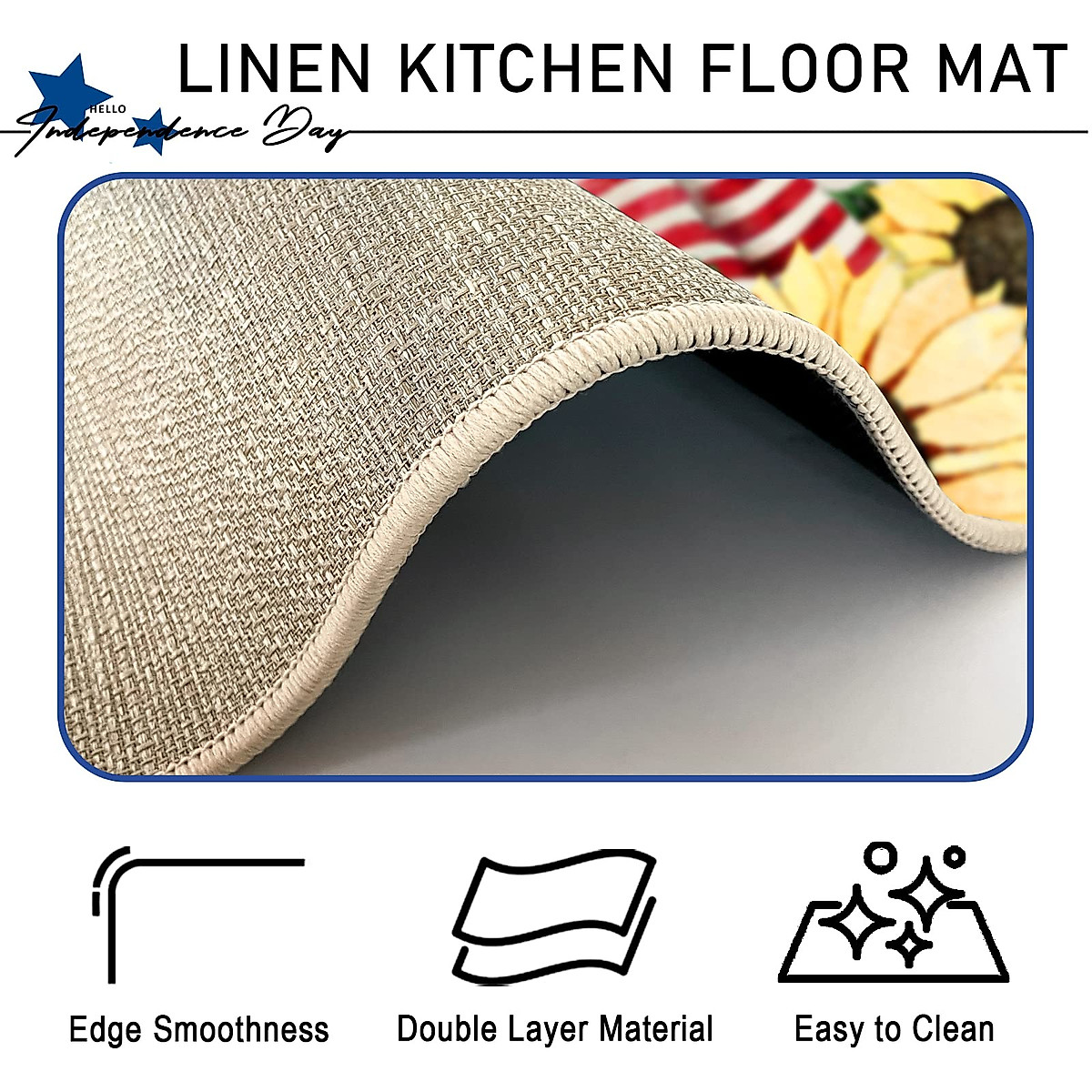 Tailus 4th of July Patriotic Fall Decorative Kitchen Rugs Set of 2, Sunflowers American Flag Mason Jar Autumn Kitchen Mat, USA Memorial Day Mat Hello Summer Home Decorations 17x29 and 17x47 Inch