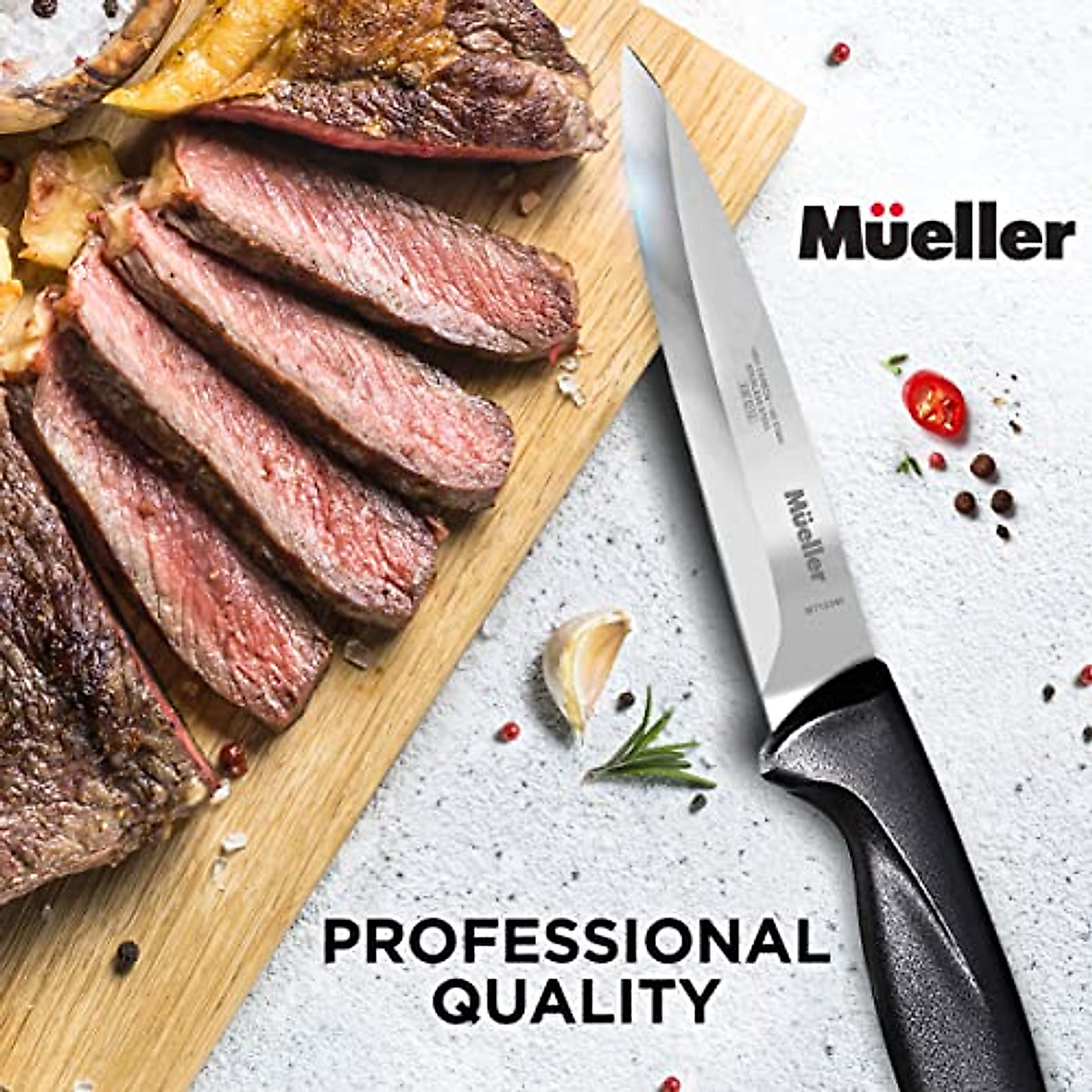 Mueller 6-inch High Carbon Stainless Steel Deba Knife, Double Bevel Blade with Comfort Handle