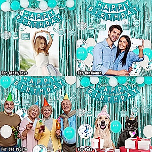 Birthday Decorations Girls Teal Happy Birthday Balloons for Women Birthday Party Decor for 10th 13th 16th 18th 20th 21st 25th 30th 35th 40th 50th 60th with Rain Curtains Tablecloth Swirl Pendants