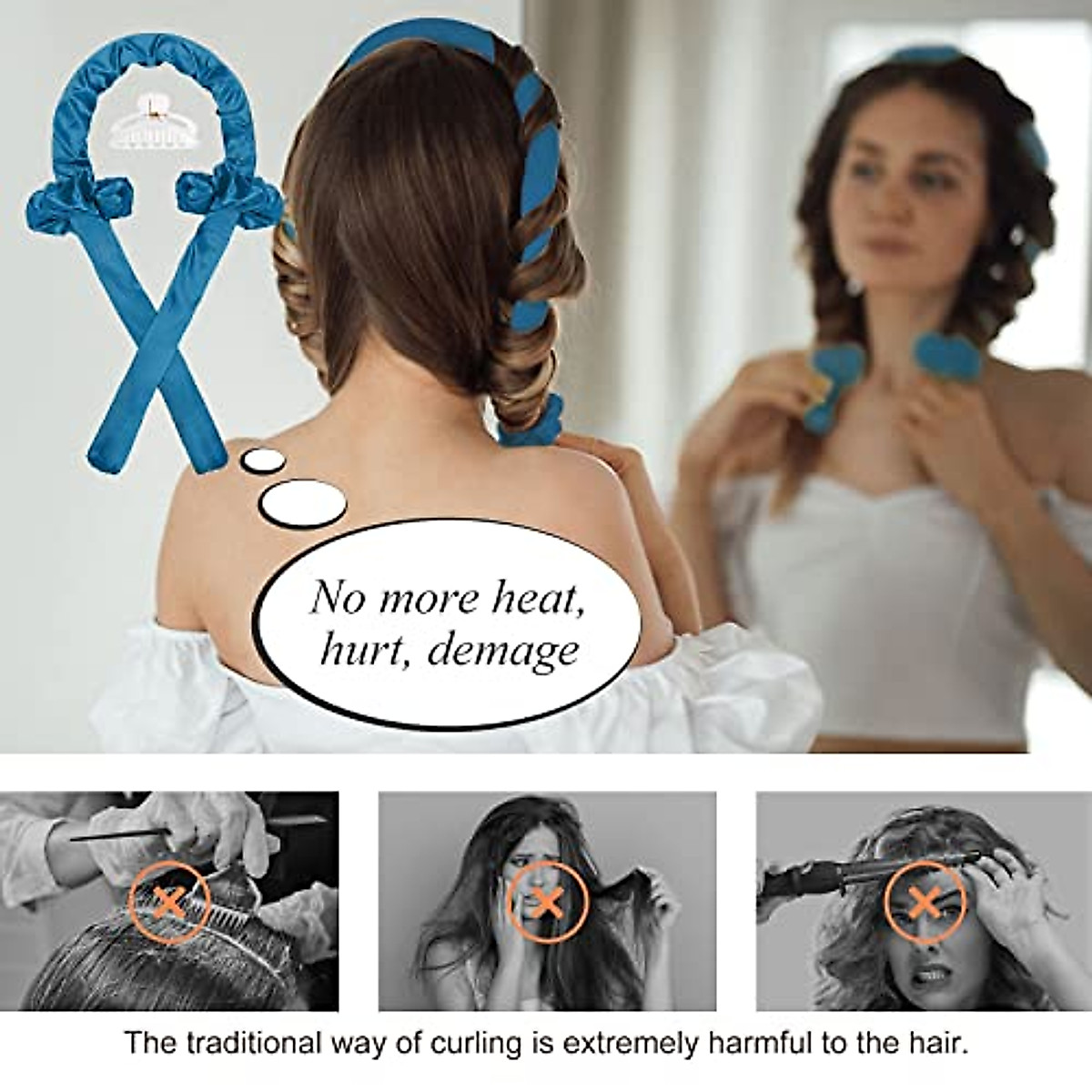 Heatless Hair Curler - IENIN Heatless Curling Rod Headband Hair Rollers for Long Hair Soft Silk Curl Ribbon with Hair Clips Scrunchies Hair Curlers to Sleep in Styling Tools(Darkblue)