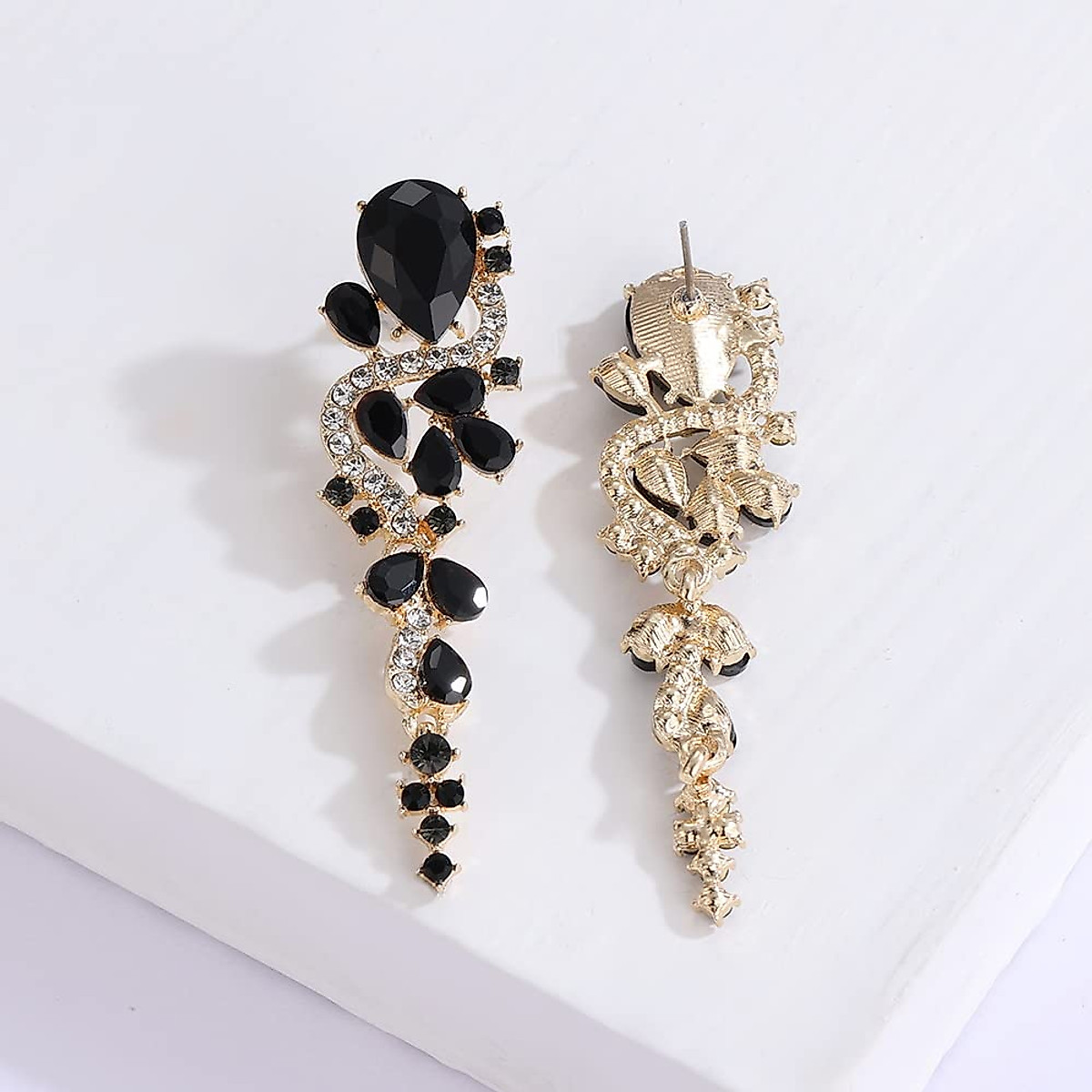 Black Rhinestone Statement Drop Dangle Earrings Dangling Sparkly Crystal Bridal Bridesmaid Wedding Earrings Long Chandelier Teardrop Earrings for Women Prom Party