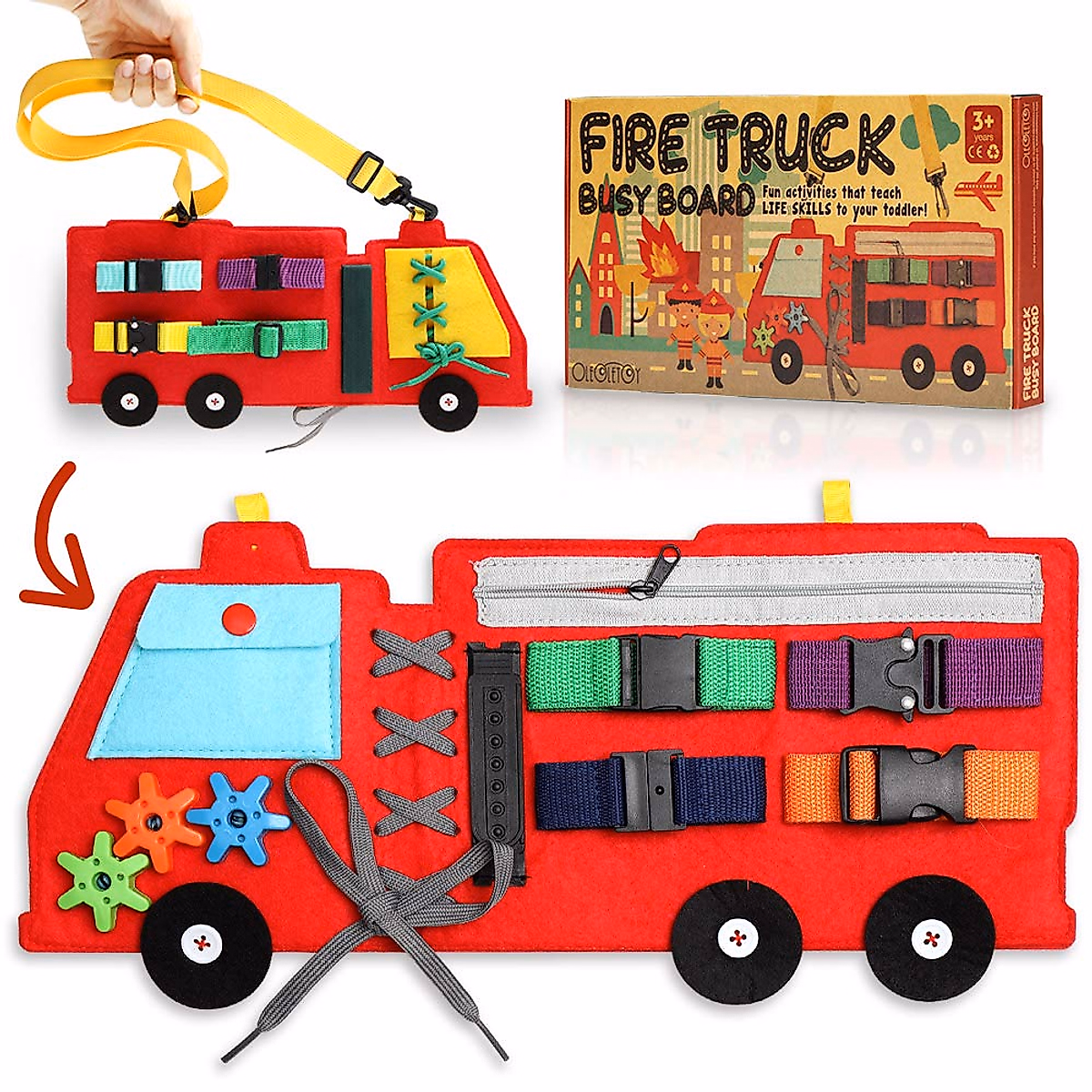 Busy Board for Toddlers 1-3 or 2-4, Firetruck Preschool Educational Early Learning Toy, Basic Life Skills and Fine Motor Montessori Activities for Kids, Learn to Dress Sensory Toy as Travel Game