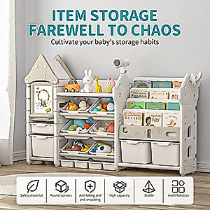 UNICOO - Kids Toy Storage Organizer and Children Bookshelf, with 14 Bins, Pull-Out Drawers Multipurpose Shelf for Toddlers to Organize Toys and Books (Magic Castle – White)