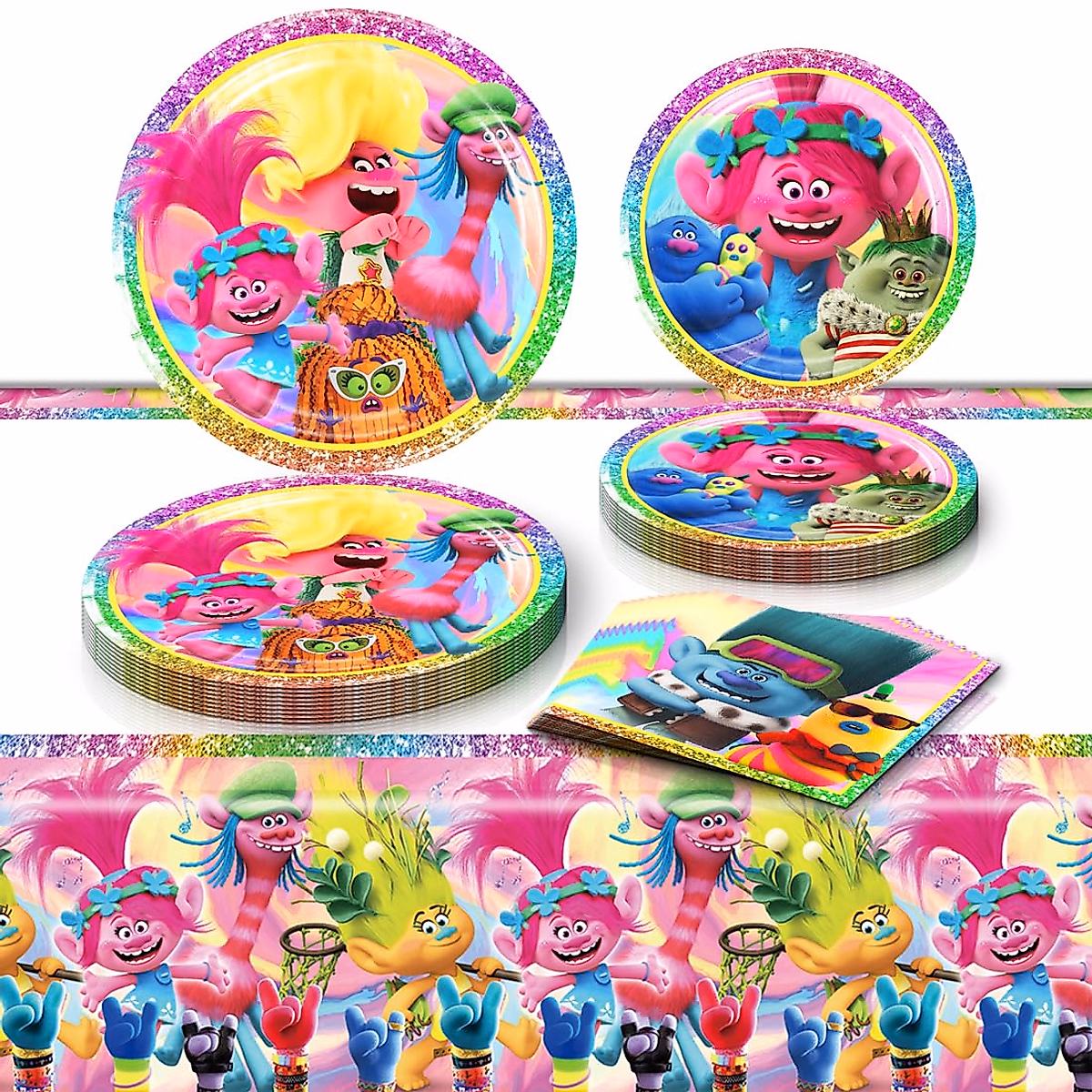 Trolls Birthday Party Decorations, 20 Plates, 20 Napkins and 1 Tablecover for Trolls Party Supplies