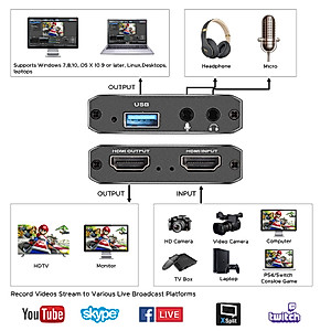 TKHIN Capture Card, Audio Video Capture Card with Microphone 4K HDMI Loop-Out, 1080p 60fps Video Recorder for Gaming/Live Streaming/Video Conference