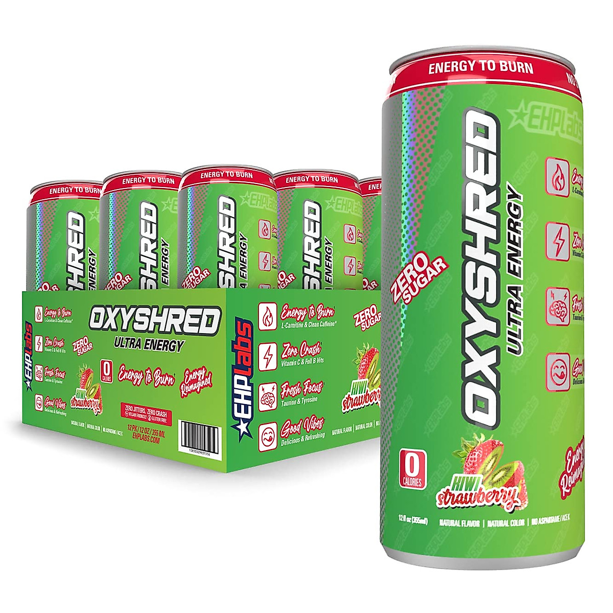 EHP Labs OxyShred Healthy Energy Drink - Zero Sugar Energy Drinks with Amino Acids, Green Tea Extract, Vitamin C & L Carnitine - Zero Carbs, Zero Calories, Clean Caffeine, Kiwi Strawberry (12-Pack)