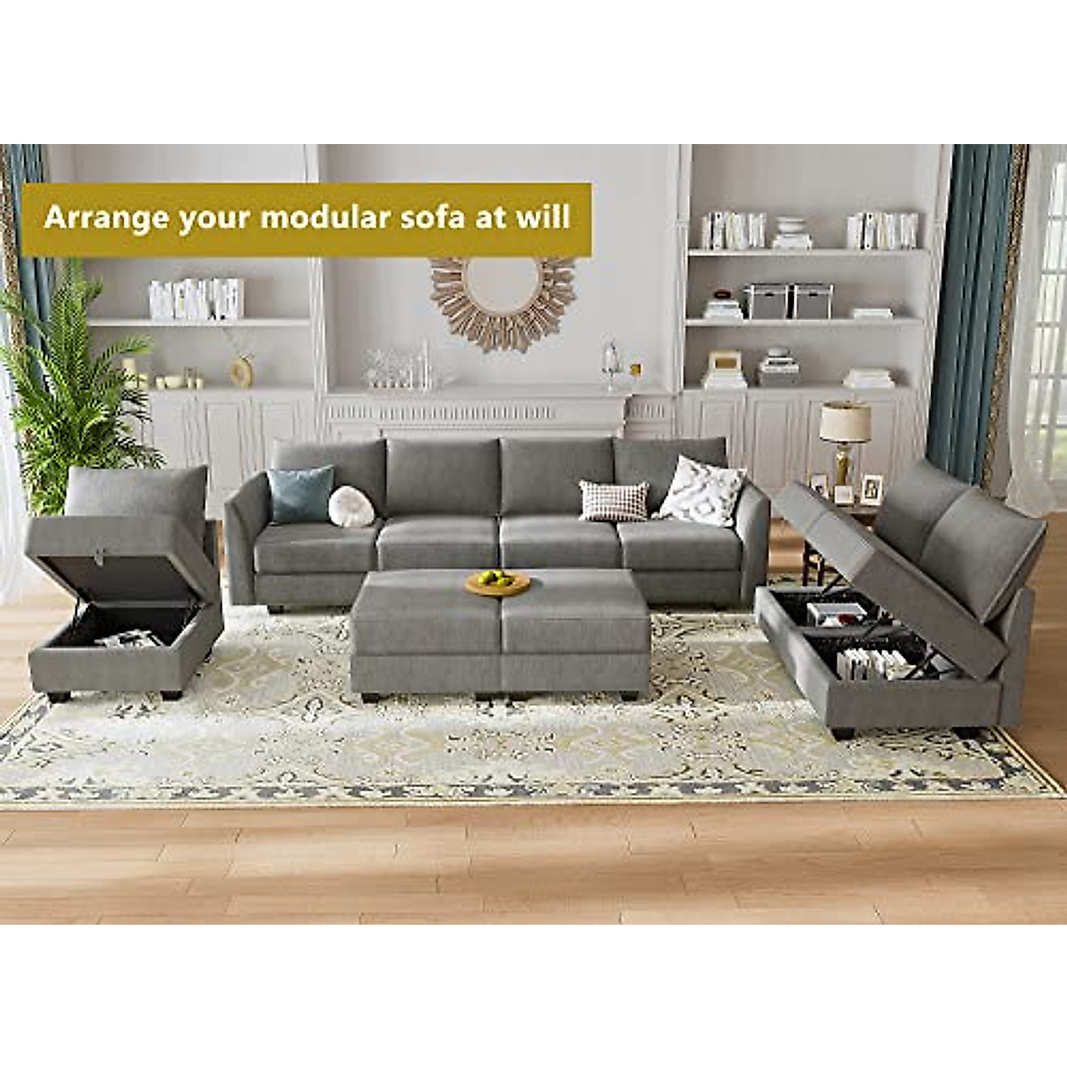 HONBAY Modular Sofa Sectional Couch U Shape Sofa with Ottomans Reversible Sectional Sleeper Sofa Modular Couch Bed with Storage, Grey